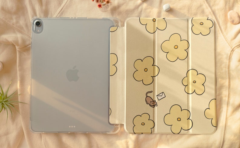 Cute Cat Pastel Yellow Foldable Ipad Case With Pen Slot Flip - Etsy