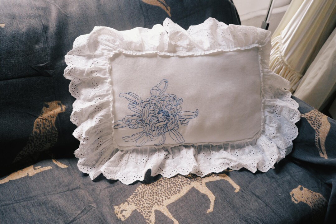 Handmade Ruffled Eyelet Pillow Cover – White Floral Embroidered Cushion ...
