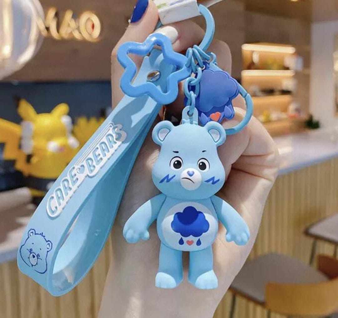 3D Blue Grumpy Bear Keychain Cute PVC Key Ring With Strap Bag Charm for ...