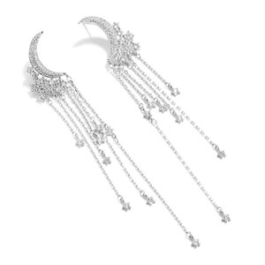 Silver Tassel Earrings Moon and Star Tassel Earrings CZ Dangle - Etsy