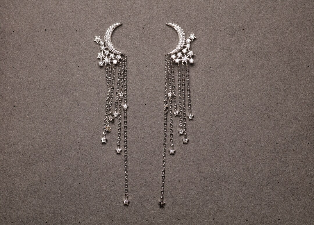 Silver Tassel Earrings Moon And Star Tassel Earrings Cz Dangle Earrings