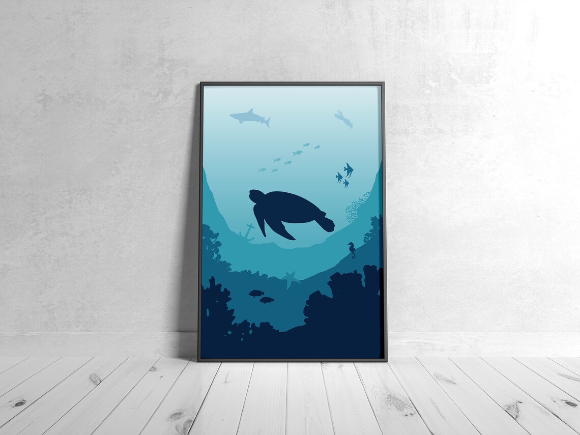 Blue Under the Sea Print, Sea Turtle Poster, Printable Ocean Animals ...