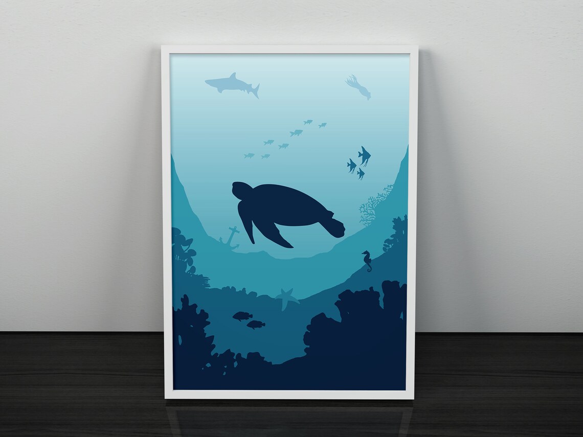 Blue Under the Sea Print, Sea Turtle Poster, Printable Ocean Animals ...