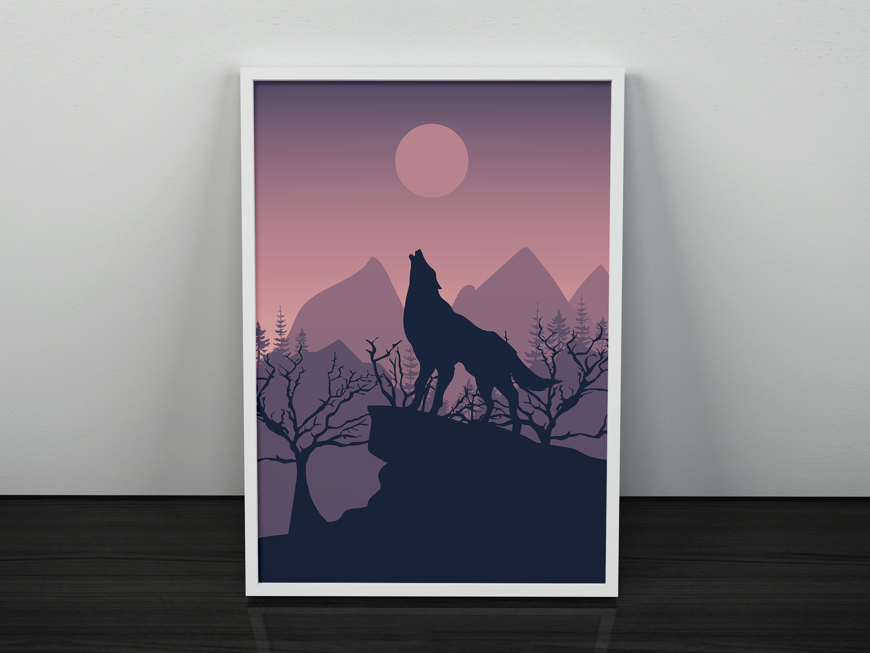 Howling Wolf Art Print Wolf Full Moon Illustration Digital - Etsy