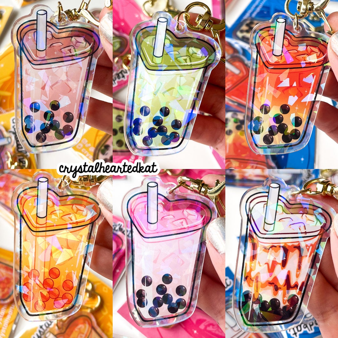 Heart Boba Holographic Keychain Charm Black Milk Tea, Matcha Milk Tea ...