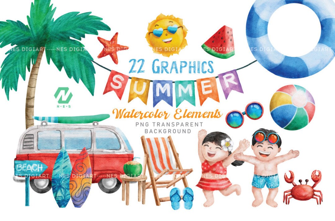 SUMMER PNG Clipart Watercolor Elements, Instant Download - Etsy