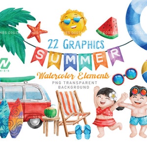 SUMMER PNG Clipart Watercolor Elements, Instant Download - Etsy