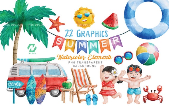 SUMMER PNG Clipart Watercolor Elements Instant Download | Etsy