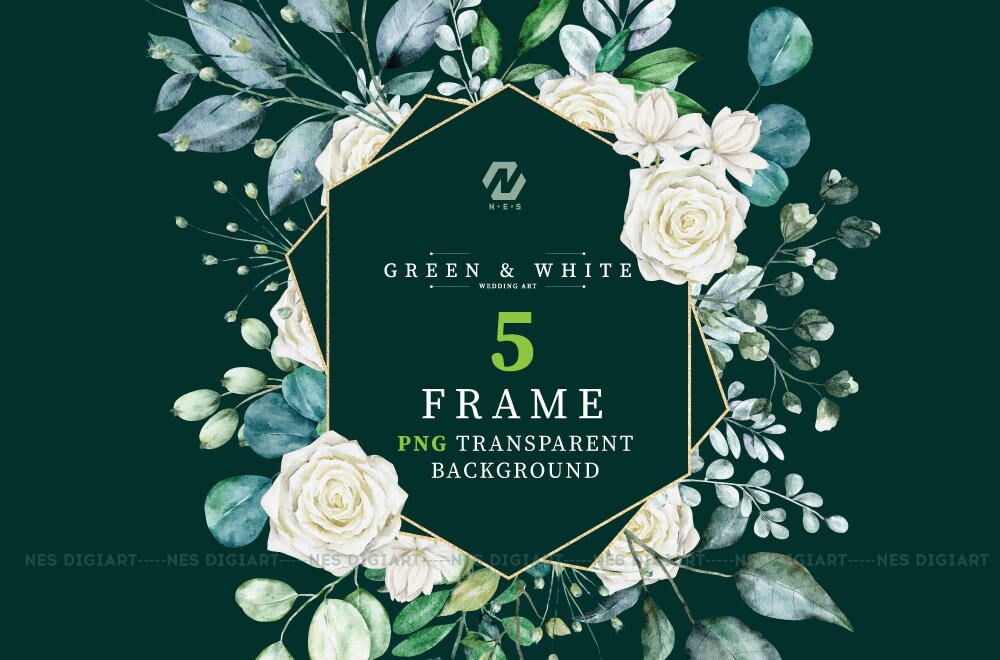 Green Leaves and White Flower Frame Wedding Watercolor Bundle, Digital ...
