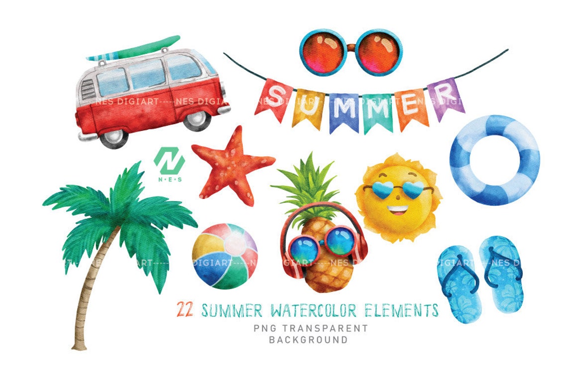 SUMMER PNG Clipart Watercolor Elements Instant Download | Etsy