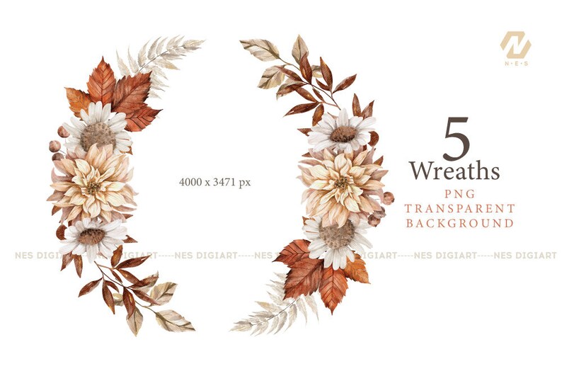 Autumn Flower Leaves Wreaths Watercolor PNG Clipart, Instant Download ...