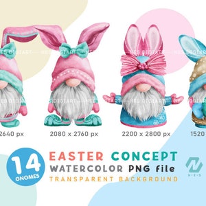 Gnome Easter PNG Clipart Bundle, Gnome Bunny Watercolor, Instant ...