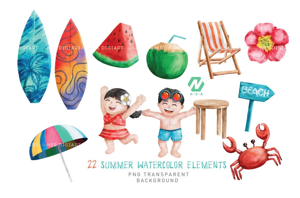 SUMMER PNG Clipart Watercolor Elements, Instant Download - Etsy
