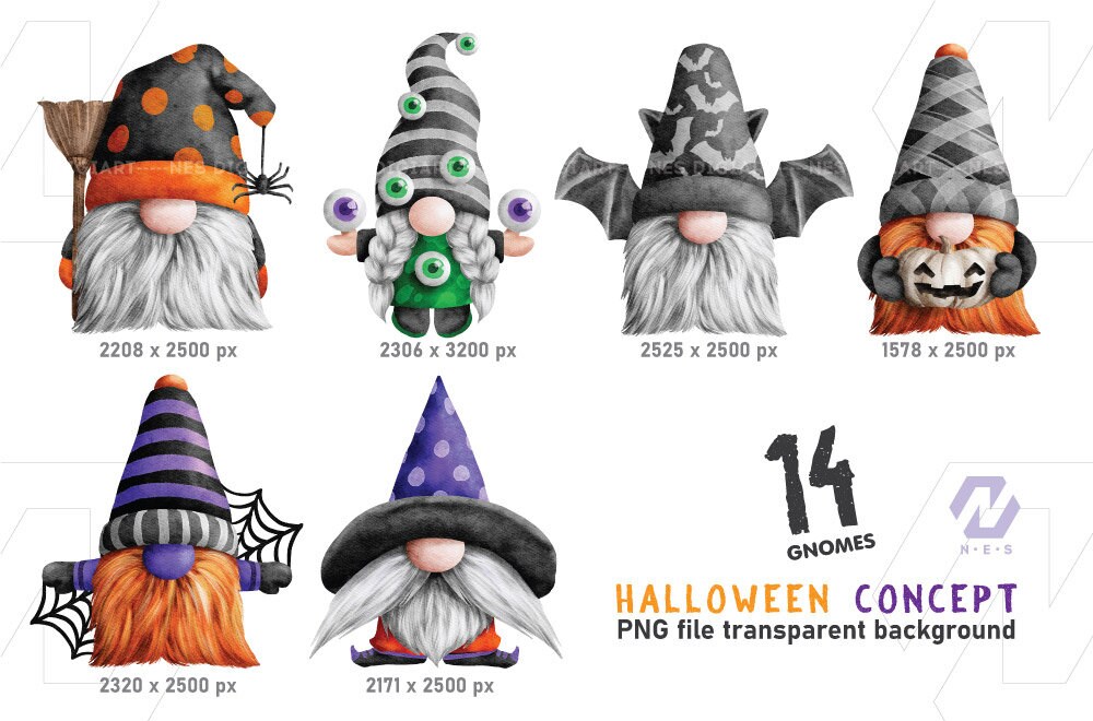 Gnome Halloween PNG Clipart Bundle 2022, Gnome Watercolor, Instant ...