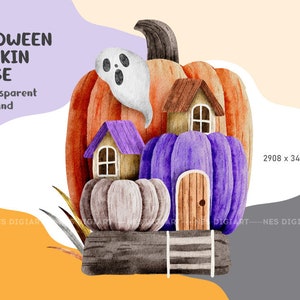 Cute Pumpkin Halloween House Watercolor PNG Clipart Bundle (set-01 ...