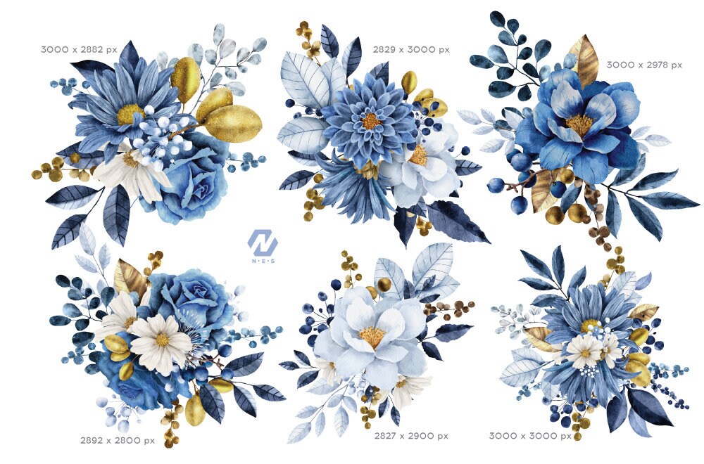 Navy Blue Flower Bouquet Watercolor Clipart Bundle, Digital Download - Etsy