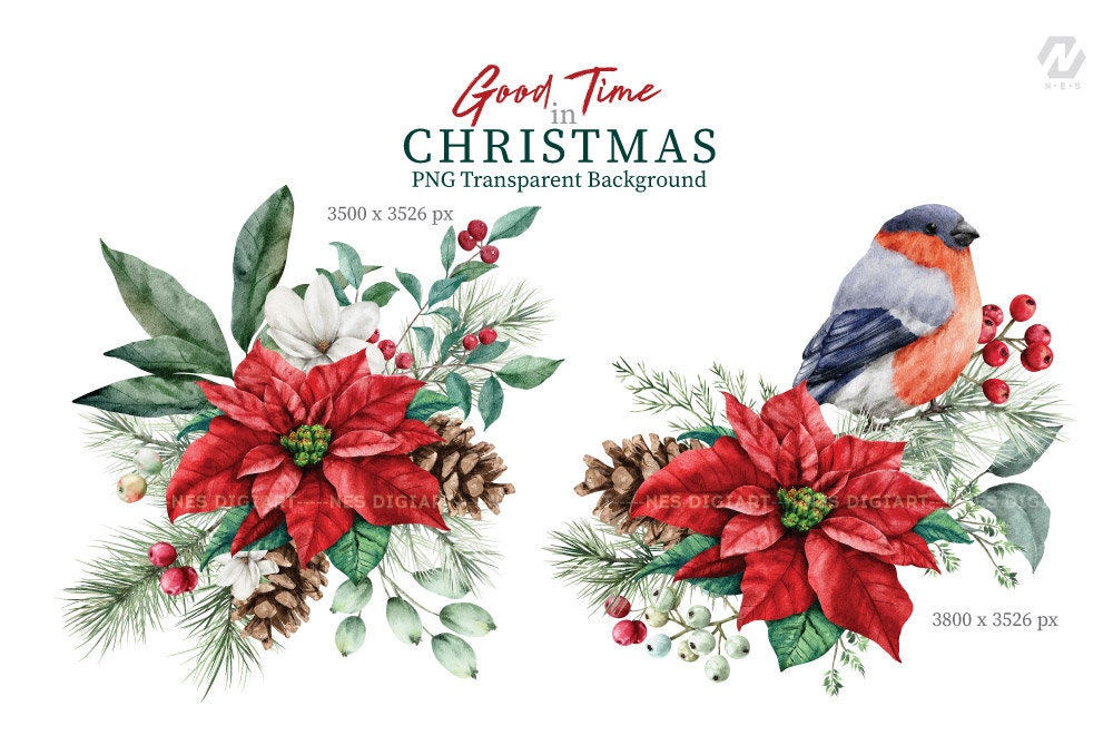 Christmas Bouquet Watercolor PNG Clipart, Digital Download - Etsy