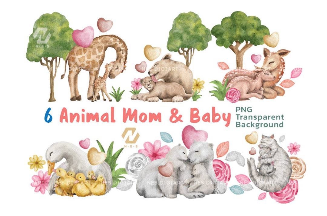 Animal Mom and Baby Mother Day Clipart, Instant Download - Etsy