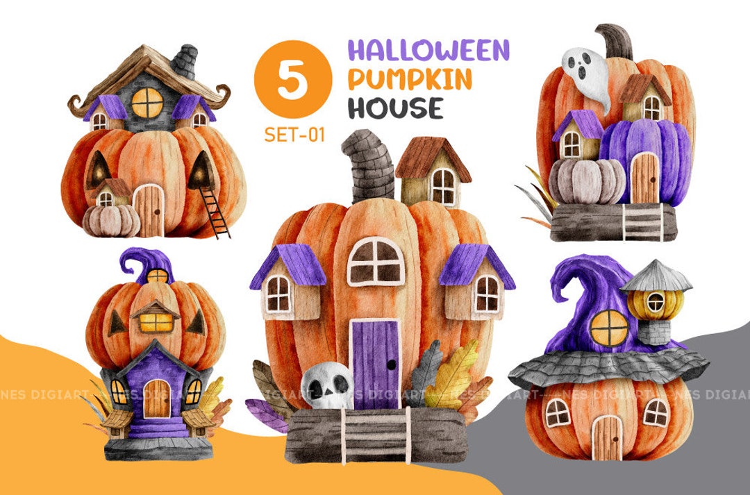 Cute Pumpkin Halloween House Watercolor PNG Clipart Bundle (set-01 ...