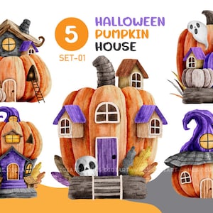 Cute Pumpkin Halloween House Watercolor PNG Clipart Bundle (set-01 ...