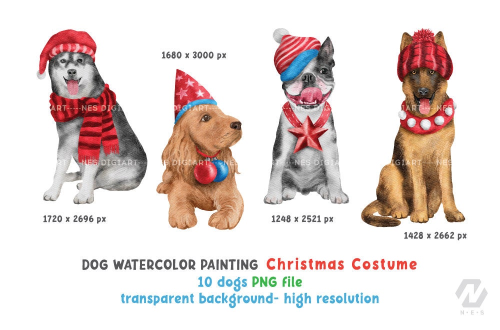 Christmas Dog PNG File Cute Watercolor Dogs Painting in - Etsy