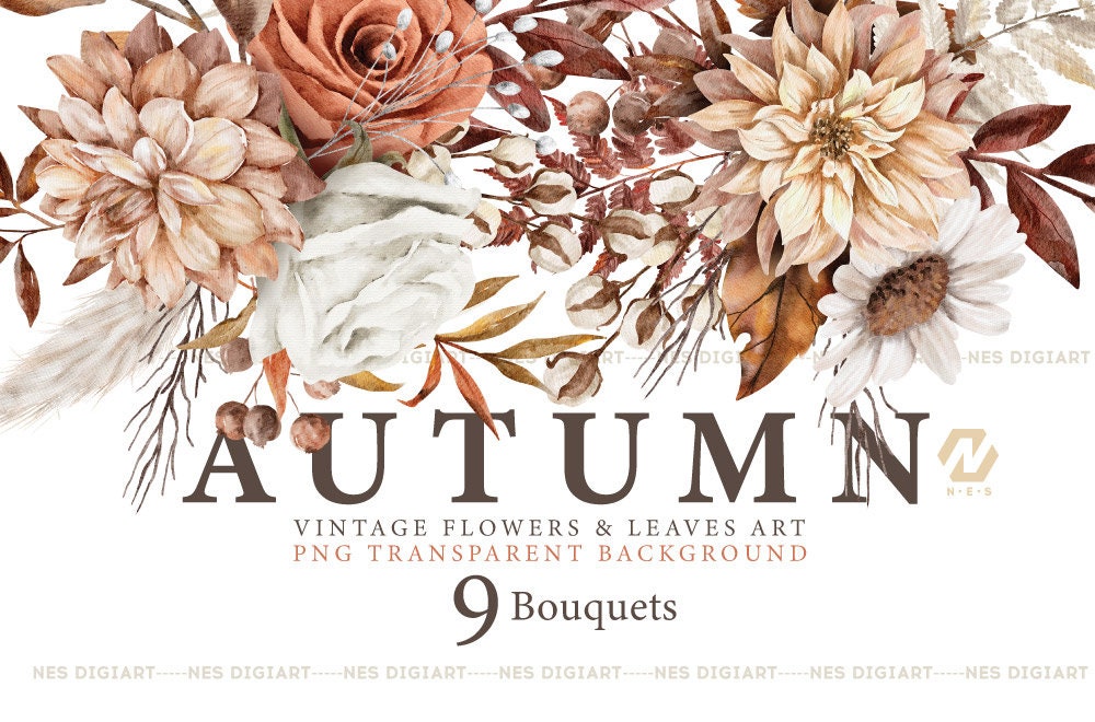 Autumn Flower Leaves Bouquets Watercolor PNG Clipart Instant - Etsy