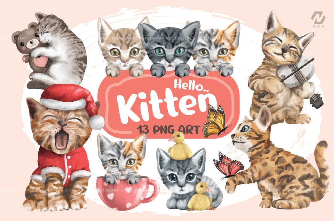 Cute Kitten Cat Painting PNG Collection, Digital Download - Etsy