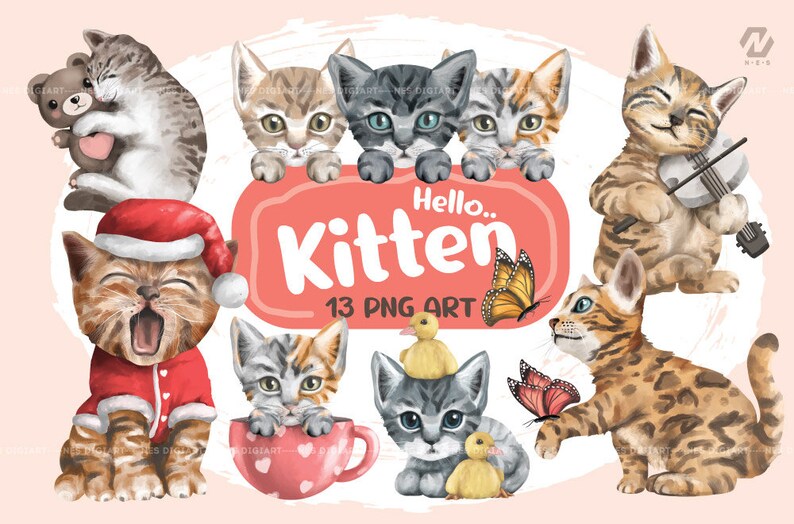 Cute Kitten Cat Painting PNG Collection, Digital Download - Etsy
