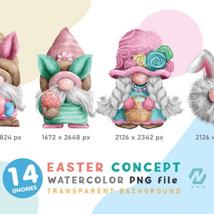 Gnome Easter PNG Clipart Bundle, Gnome Bunny Watercolor, Instant ...