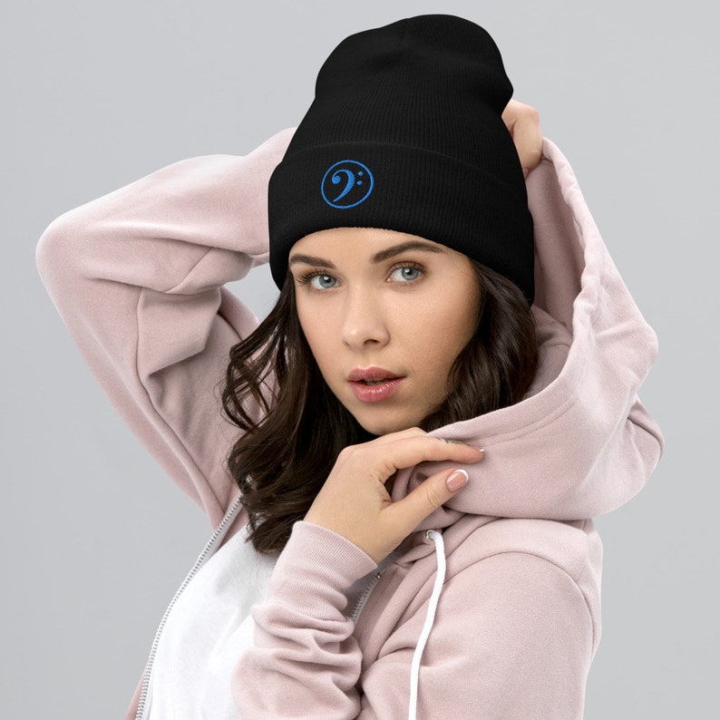 Bass Clef Light Blue Music Symbol Embroidered Cuffed Beanie, Gift for ...