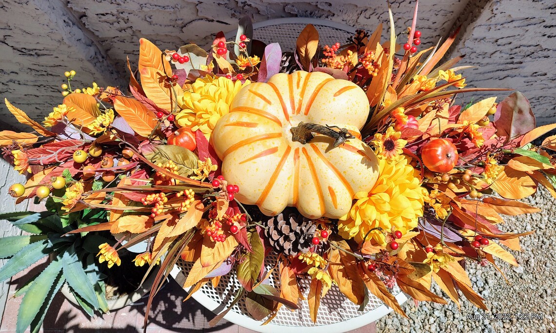 Large Fall Yellow Mum and Pumpkin Centerpiece Fall - Etsy