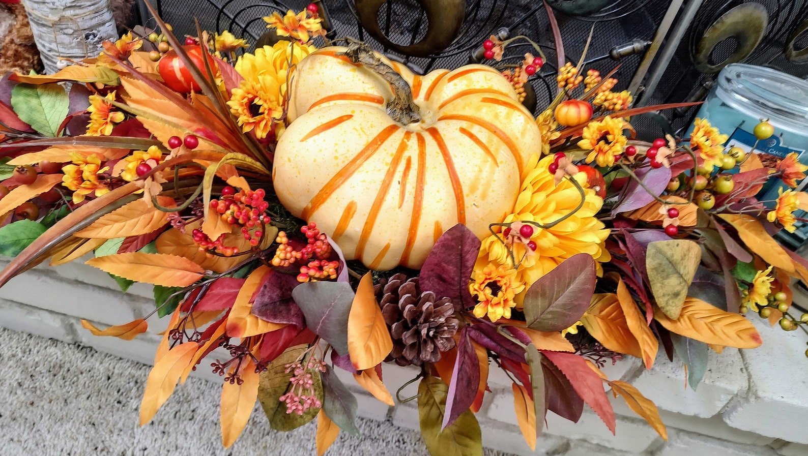Large Fall Yellow Mum and Pumpkin Centerpiece Fall - Etsy