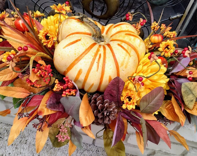 Large Fall Yellow Mum and Pumpkin Centerpiece, Fall Centerpiece, Fall ...