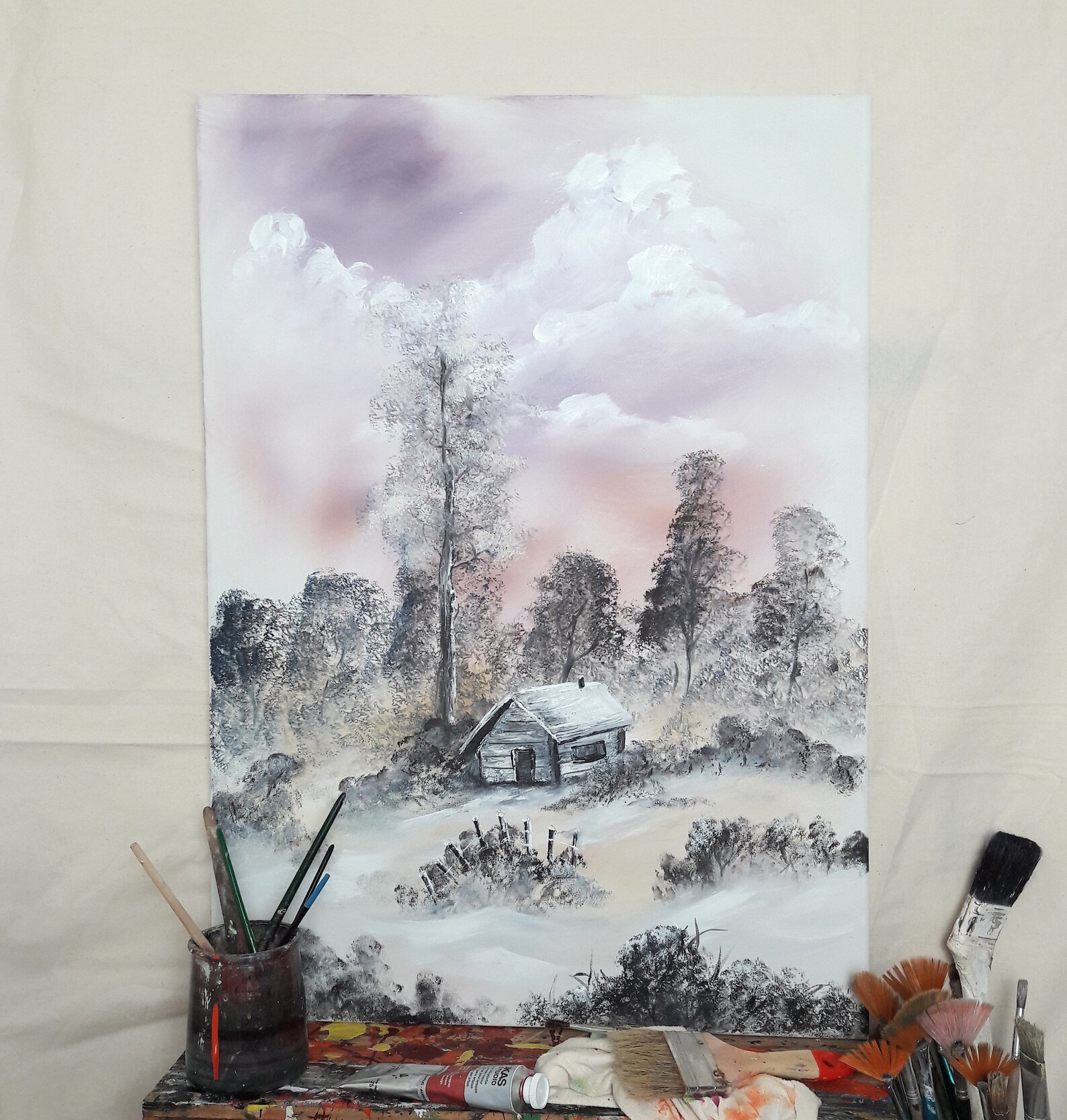Schönes Landschaftsbild im Bob Ross Stil, 50x70 cm Original "Happy ...