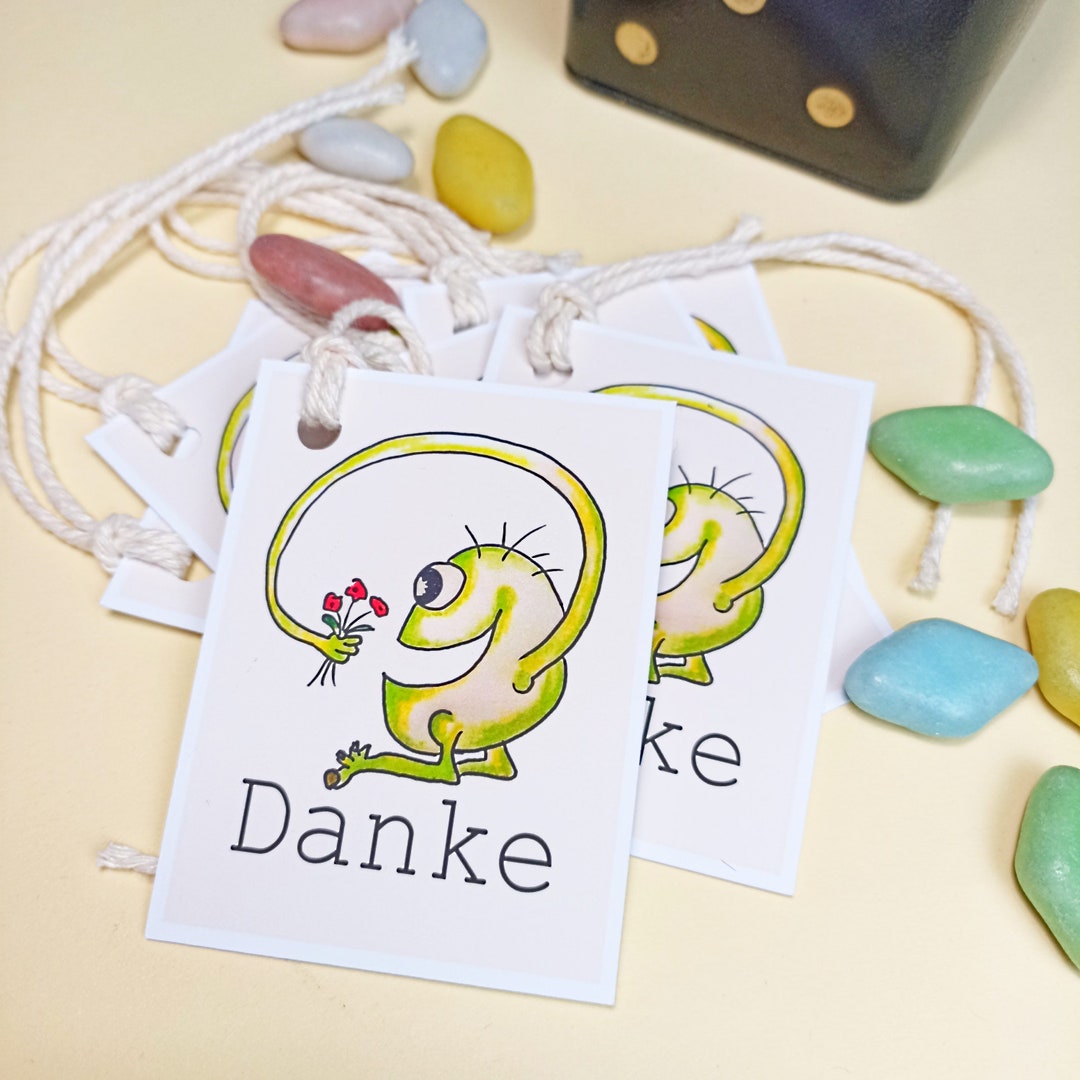 6 Thank You Gift Tags - Mini Card - Funny Monster With Flowers - With ...