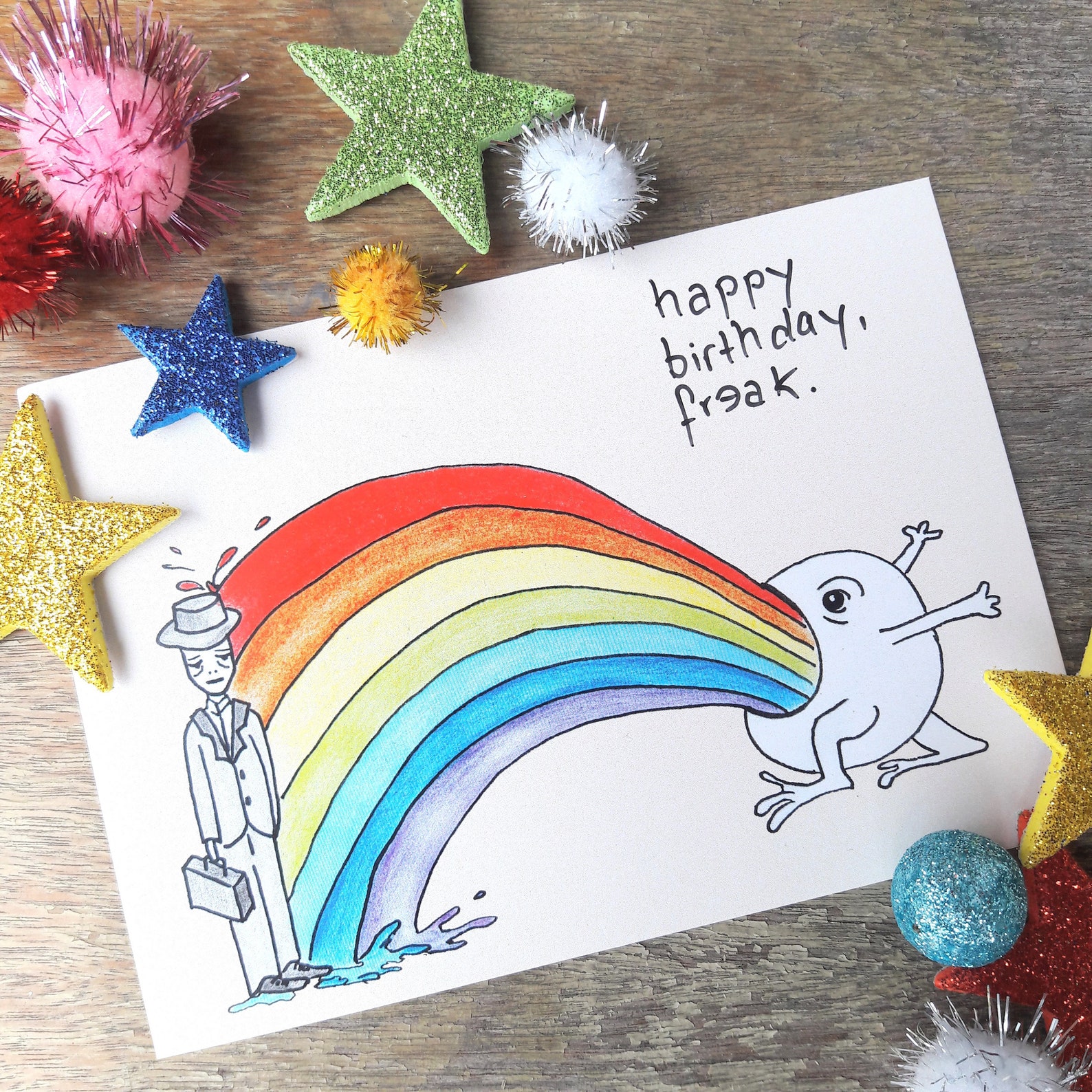 Rainbow Birthday Card - Happy Birthday, Freak - Cool Postcard - Drawn ...