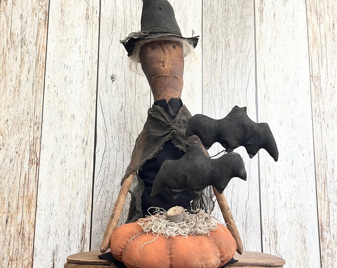 Primitive Witch Doll With Pumpkin and Bats - Prim Halloween Decoration ...