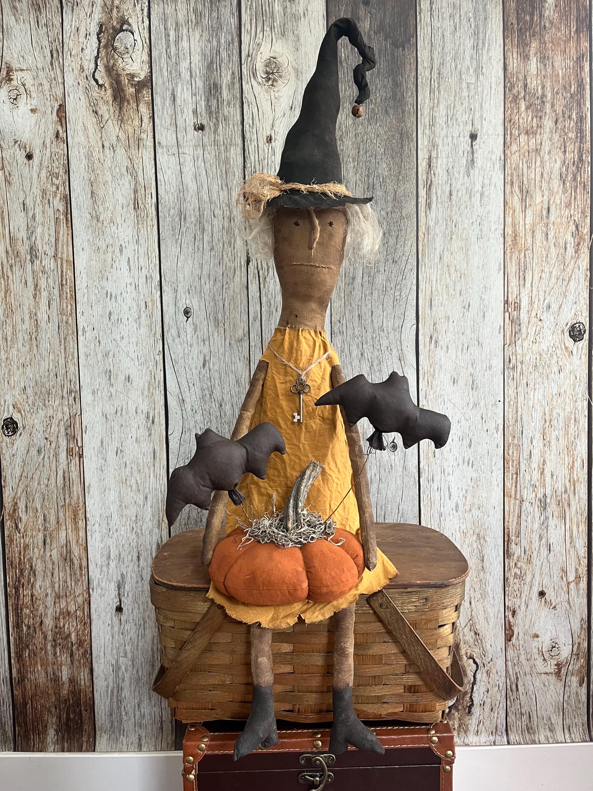 Primitive Witch Doll With Pumpkin and Bats - Prim Halloween Decoration ...