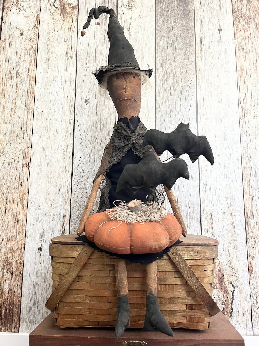 Primitive Witch Doll With Pumpkin and Bats - Prim Halloween Decoration ...