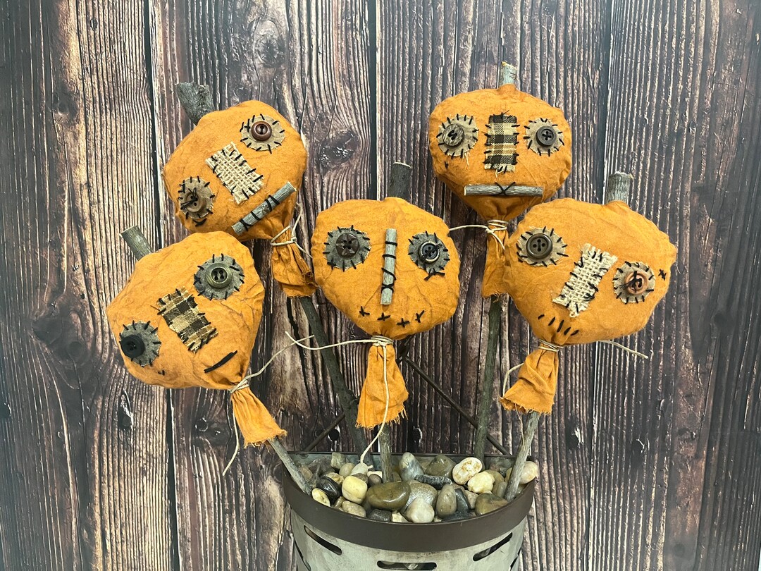 Mini Primitive Pumpkin Head Crock Pokes - Rustic Pumpkins on Sticks ...