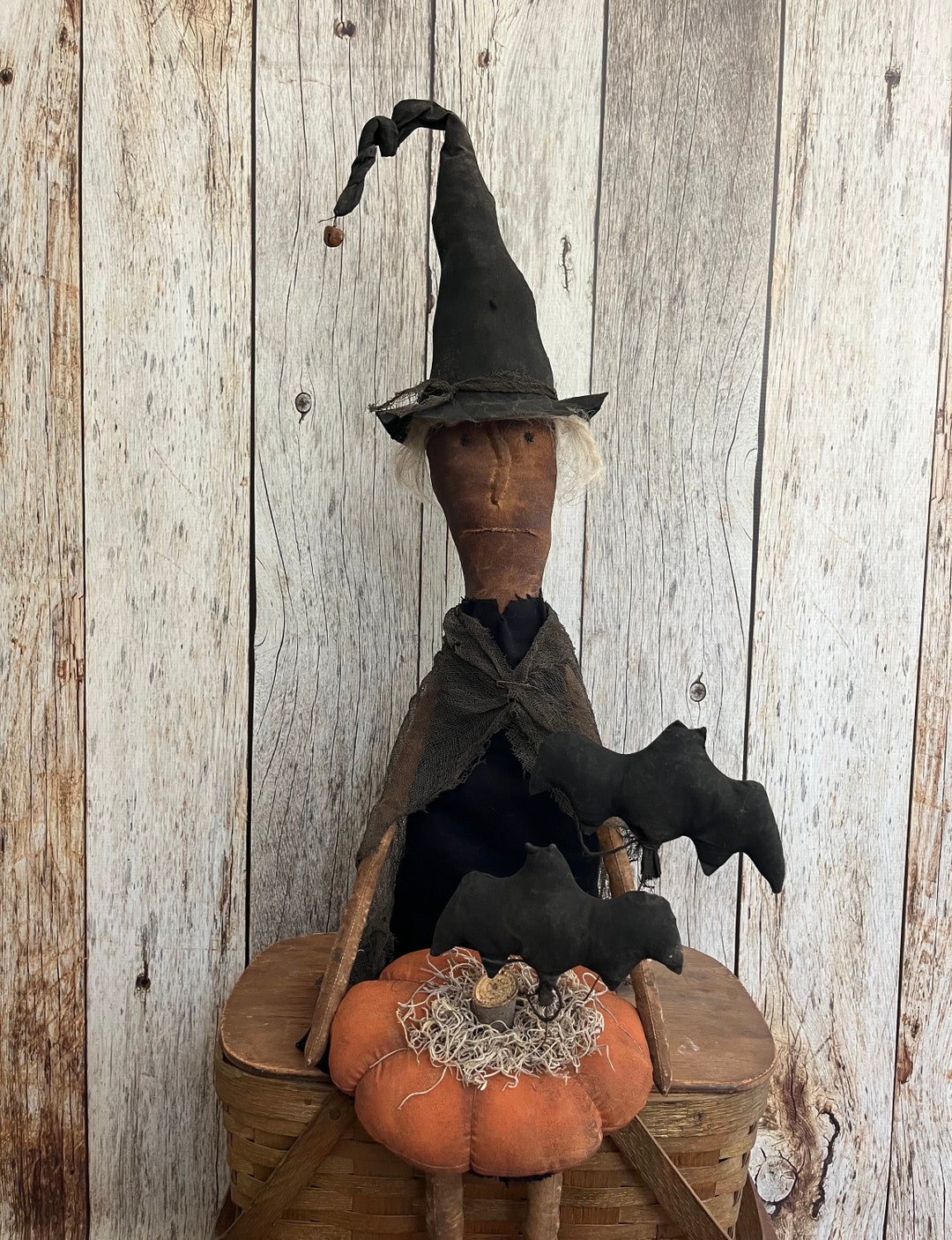 Primitive Witch Doll With Pumpkin and Bats Prim Halloween Decoration ...