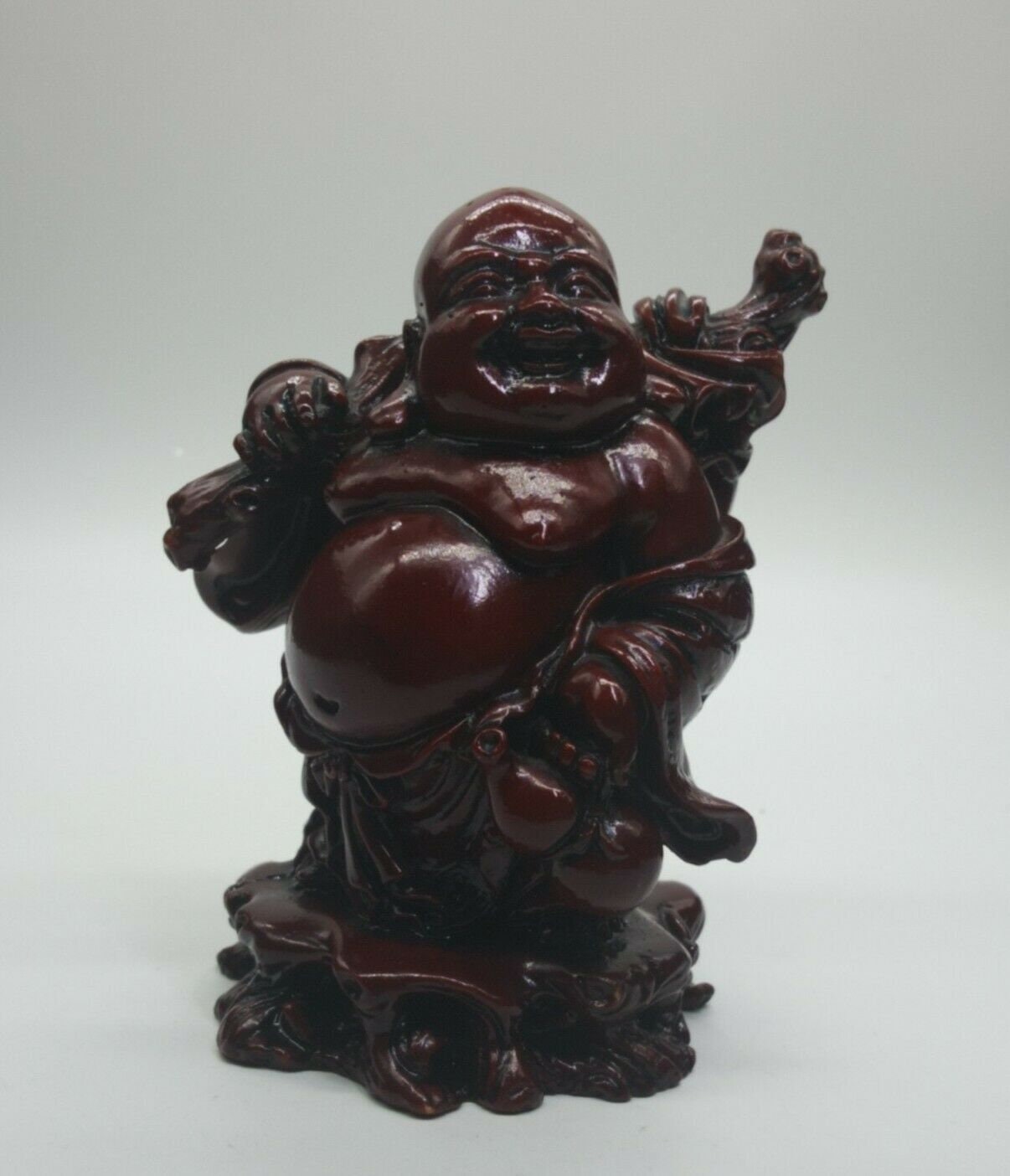 Buddha Happy Statue Laughing Figurine Dark Red Resin Feng Shui Luck 4.5 ...