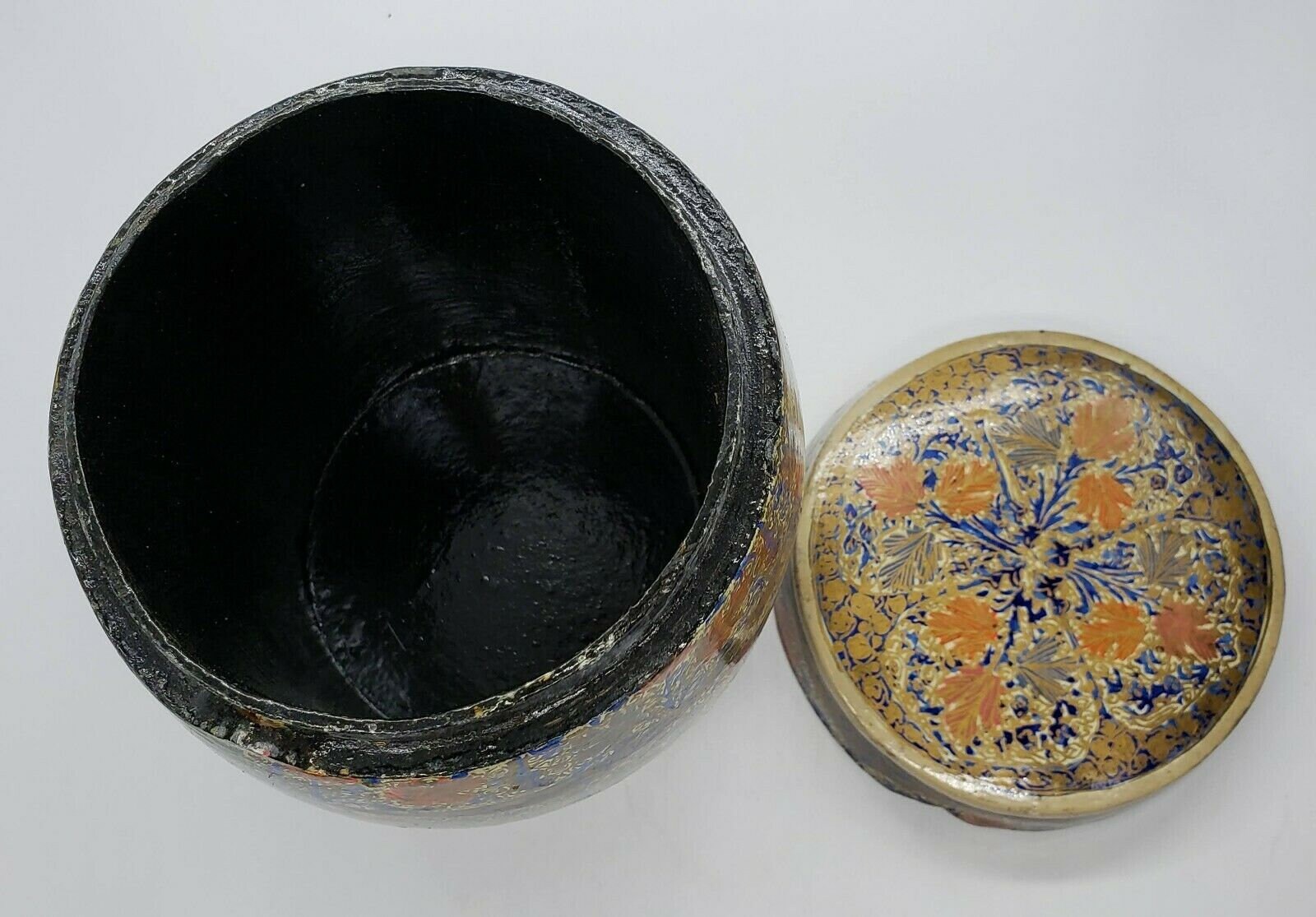 Vintage Lacquerware Barrel Shaped Jar With Lid, Leaves, 5.75" Tall, 4 ...