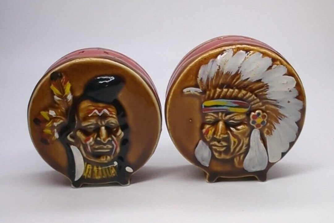 Vintage Salt and Pepper Shaker Native American Heads on Drums - Etsy