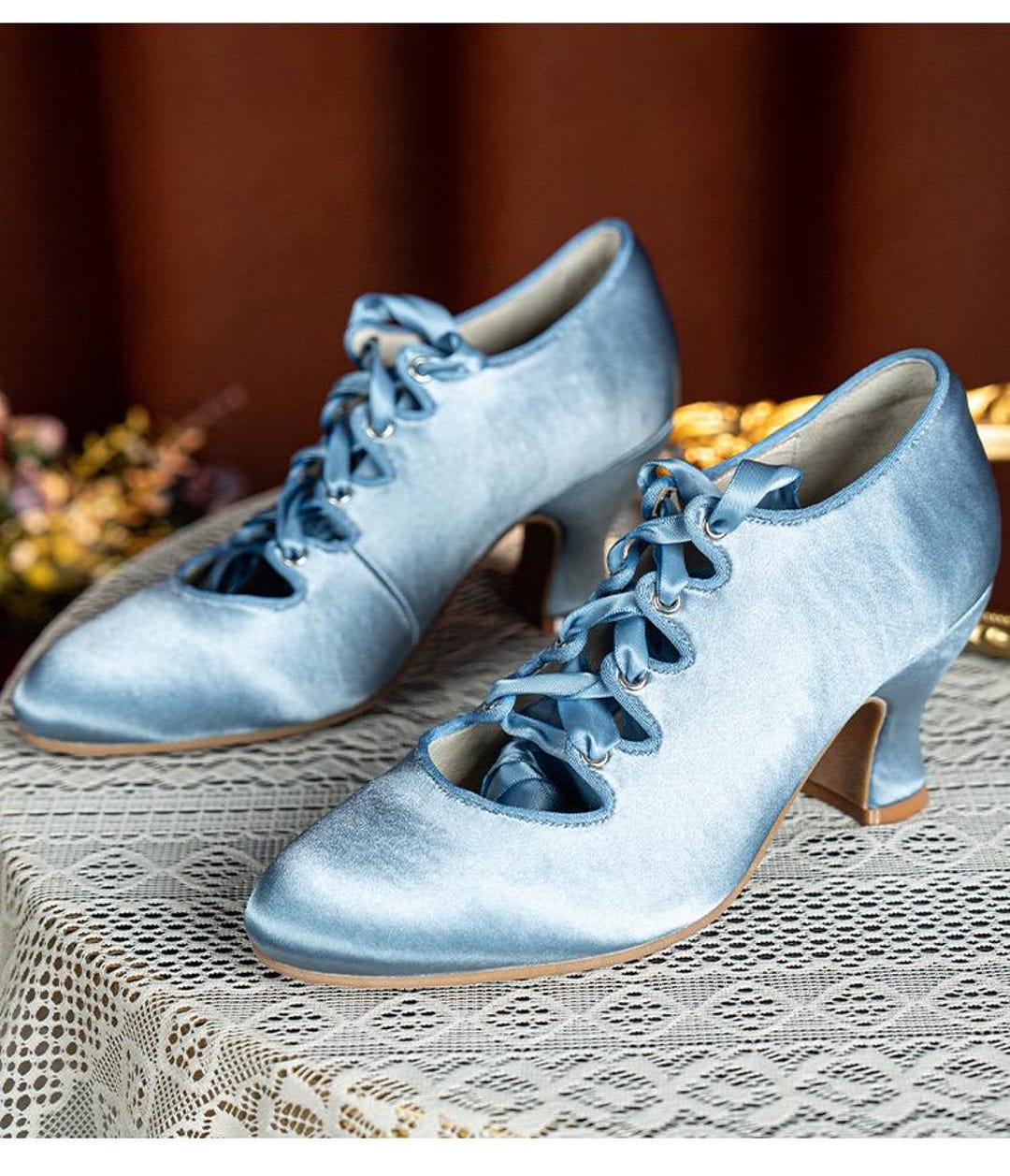 Handmade Rococo Inspired Pastel Blue Silk Satin Heels With Ribbon Ties ...