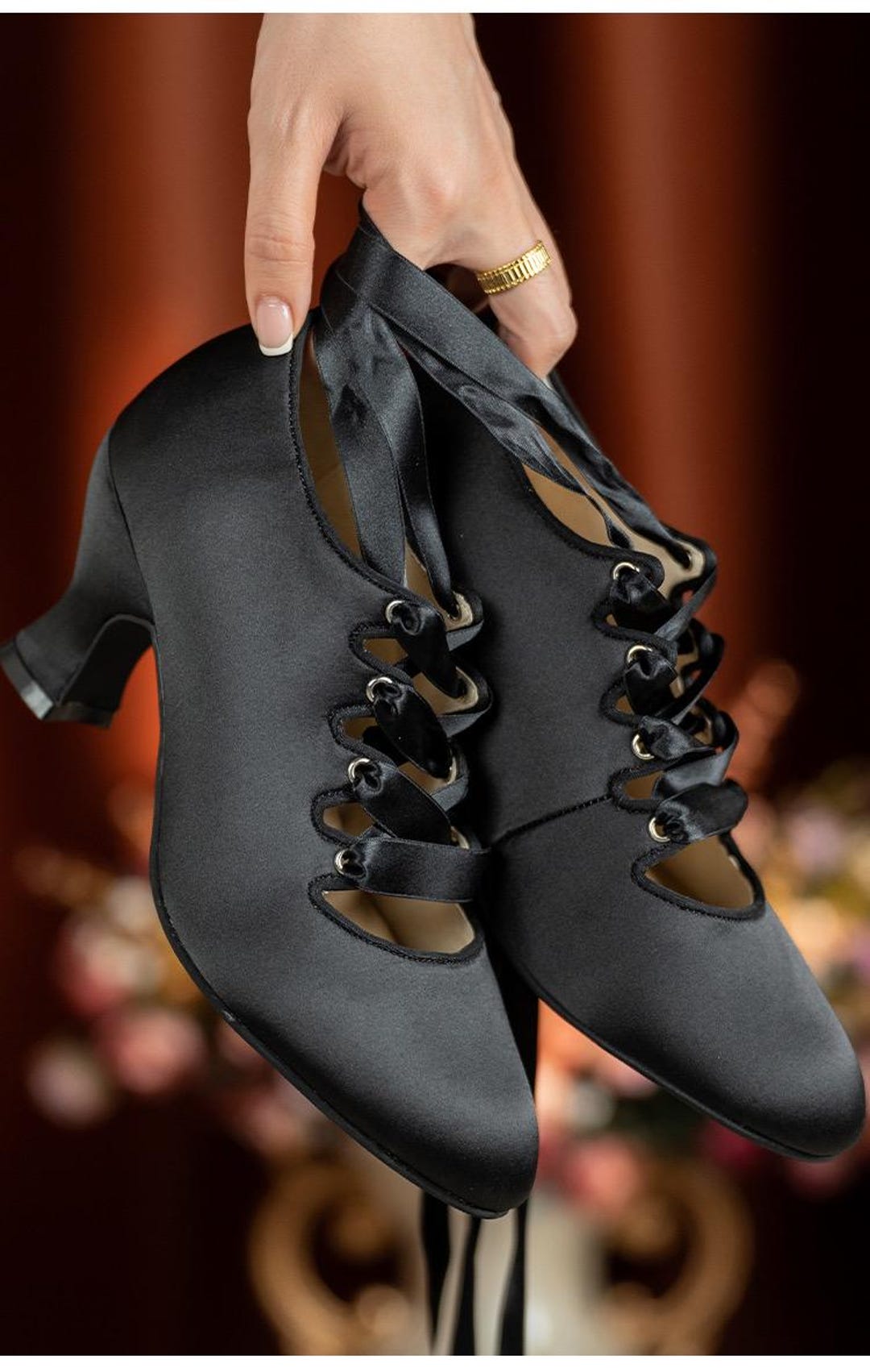 Handmade Rococo Inspired Black Silk Satin Heels With Ribbon Ties ...
