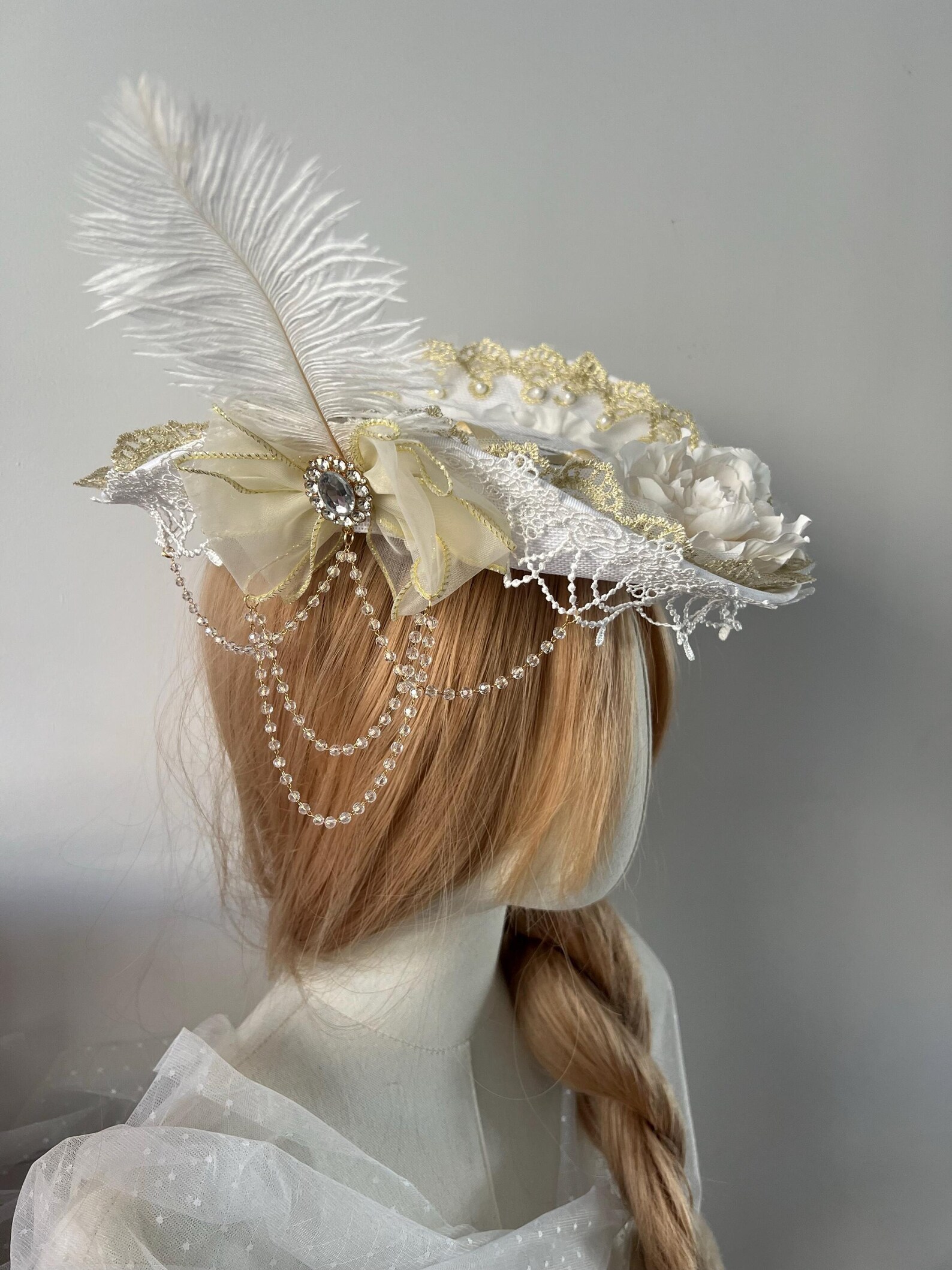 Rococo Court Hat – Marie Antoinette Style Feathered Bonnet With Lace ...