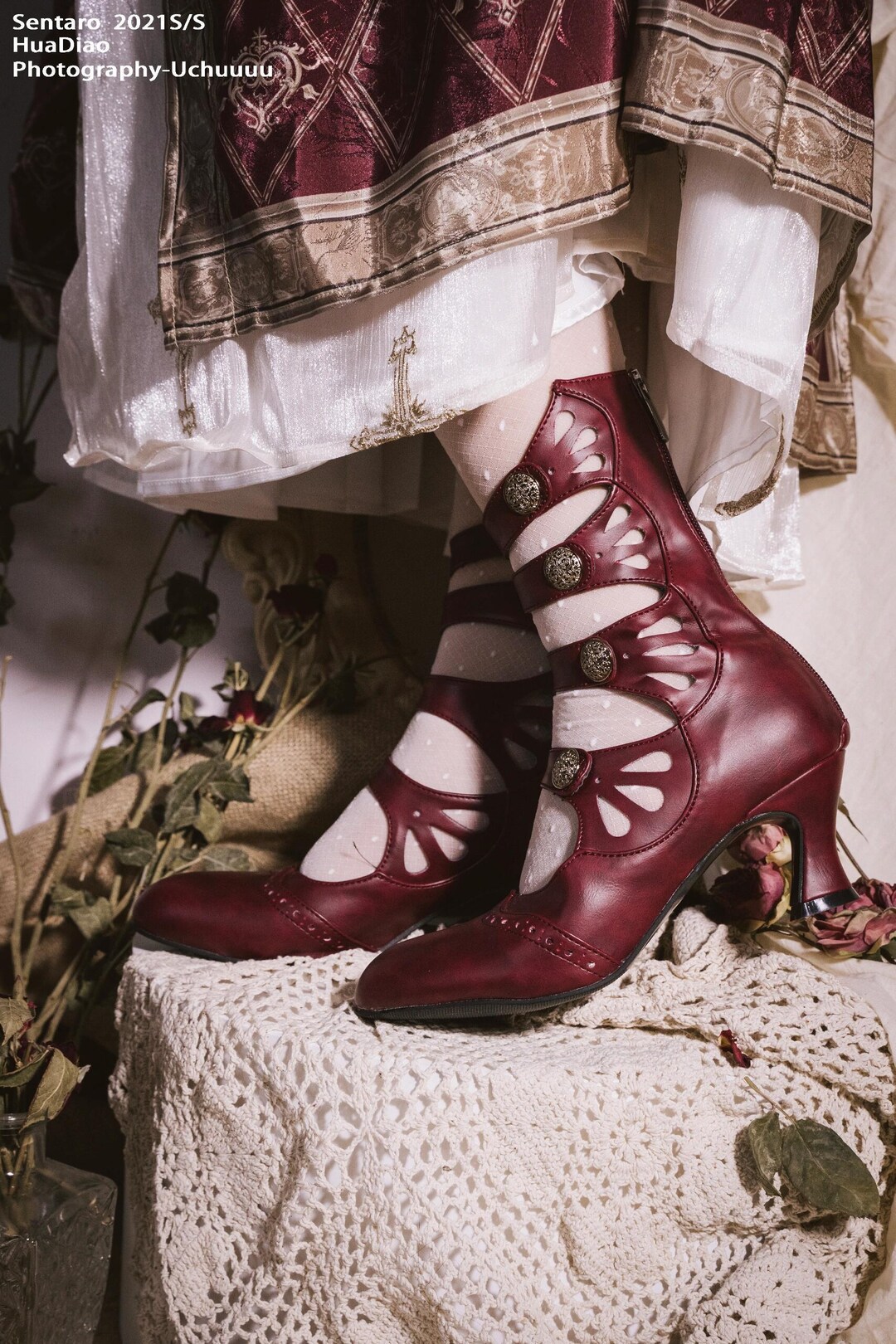 Gothic Rococo Inspired Burgundy Leather Heels With Baroque Buttons ...