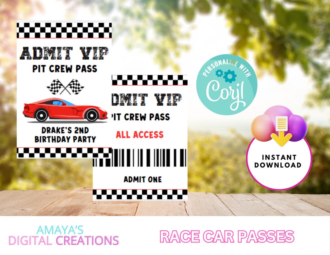Race Cars Pit Crew Pass Holder, VIP Passes, Race Cars Birthday Party ...