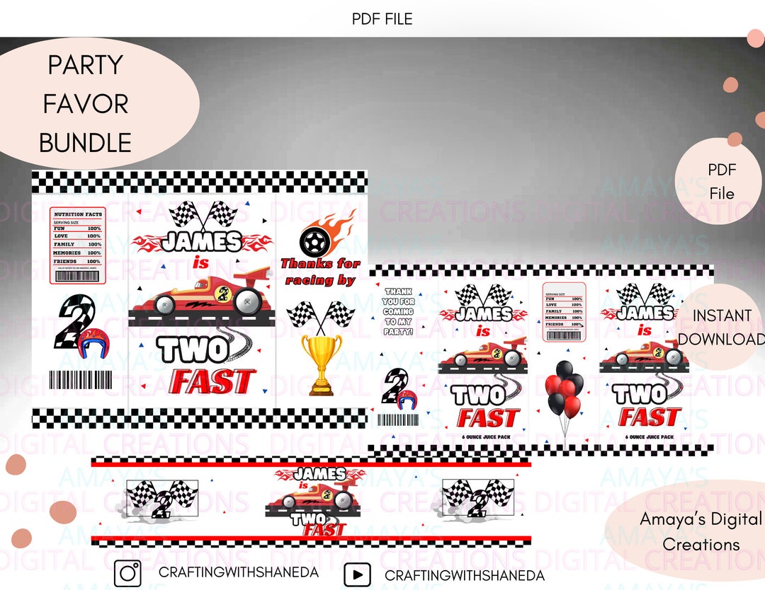 Personalized Race Car Themed Party Bundle, Chip Wrap, Water Label ...